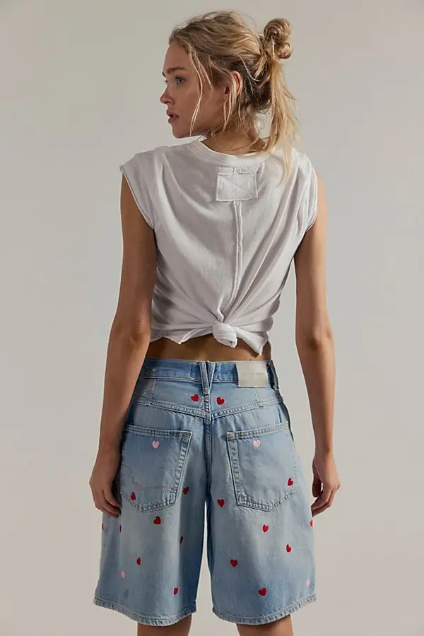 Free People We The Free Montana Heart Embroidered Denim Shorts - Cowgirl Blues Heather