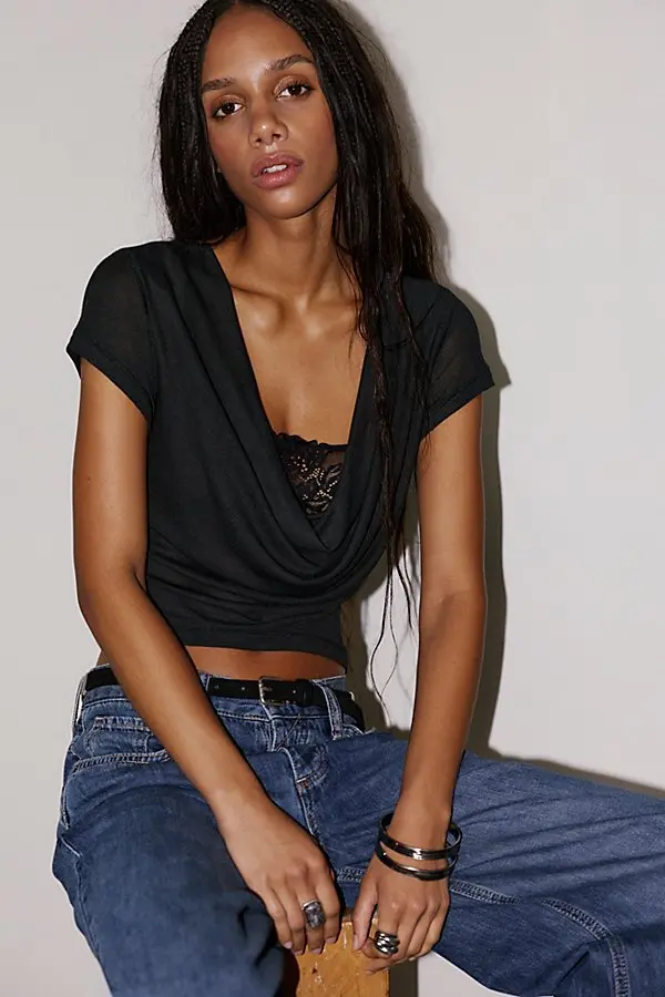 Free People Air Sign Cowl-neck Tee - Black