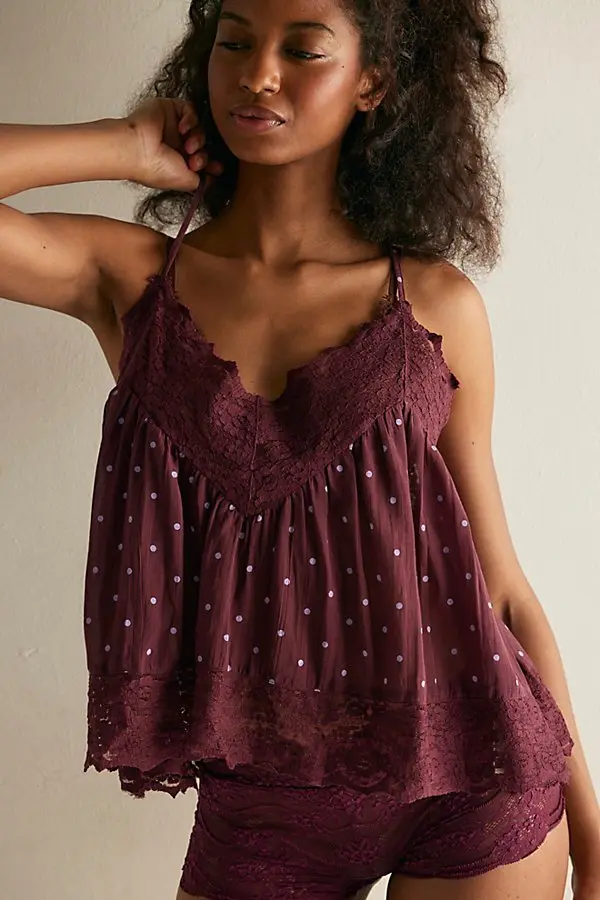 Free People Fiona Printed Cami With Lace Trim - Wine Combo