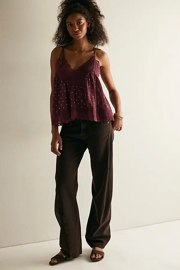 Free People Fiona Printed Cami With Lace Trim - Wine Combo