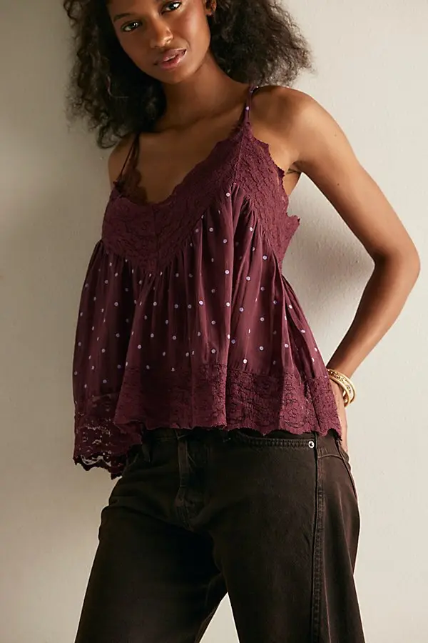 Free People Fiona Printed Cami With Lace Trim - Wine Combo