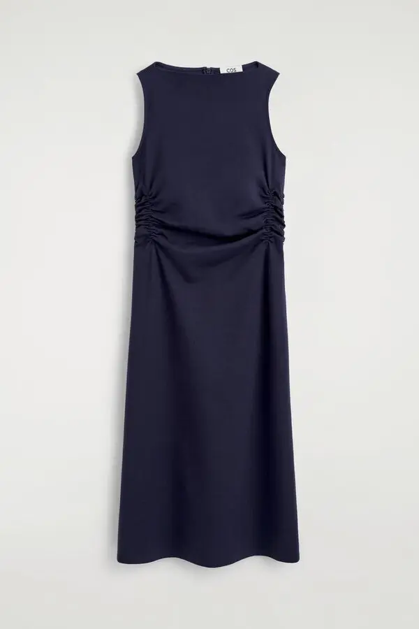 Cos Ruched-waist Cotton-jersey Midi Dress - Navy