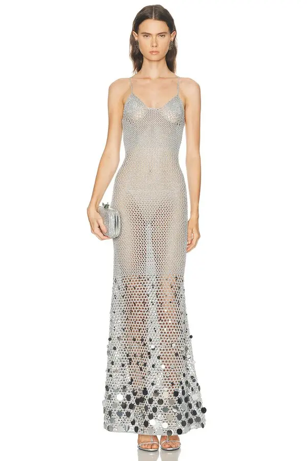 Casablanca Crochet Mirror Long Dress - Silver