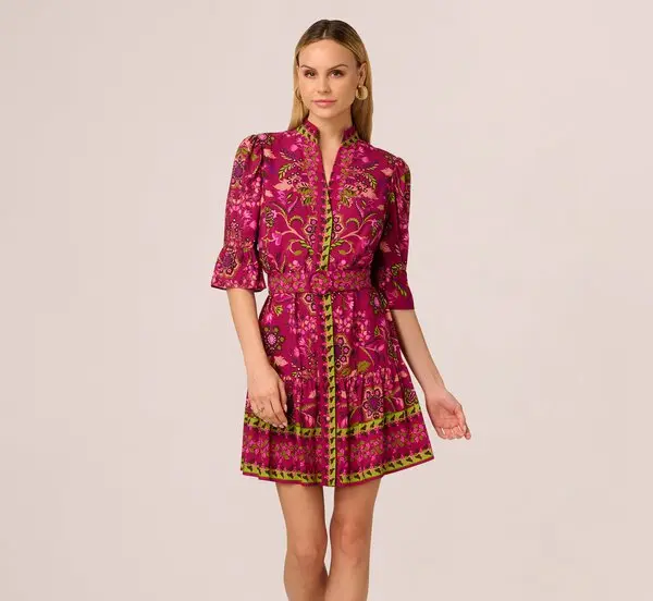 Adrianna Papell Abstract Print Button Down Shirt Dress With Bell Sleeves - Burgundy Multi