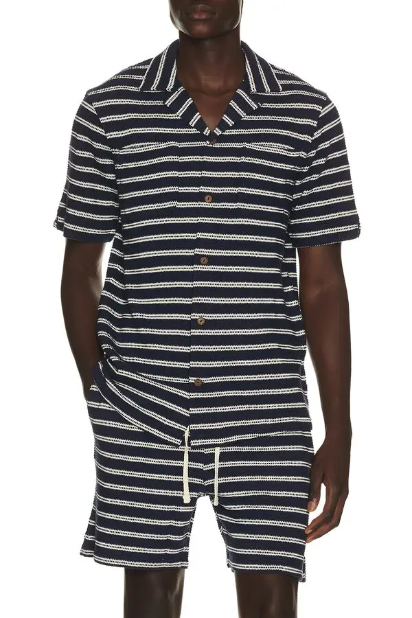 Polo Ralph Lauren Short Sleeve Cotton Bar Stripe Textured Andy Camp Shirt In Navy - Newport Navy Pale Cream