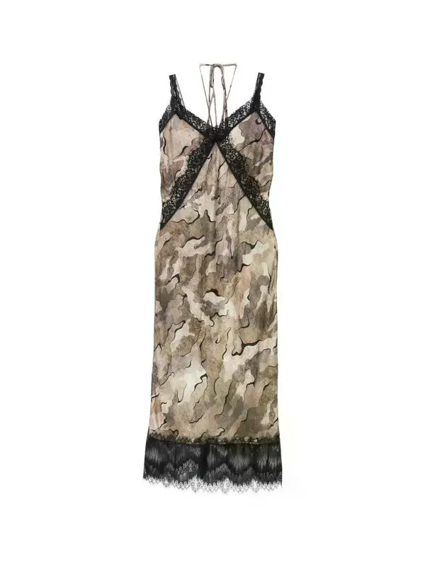 Pinko Midi Camouflage Print Lace Trim Dress - Green