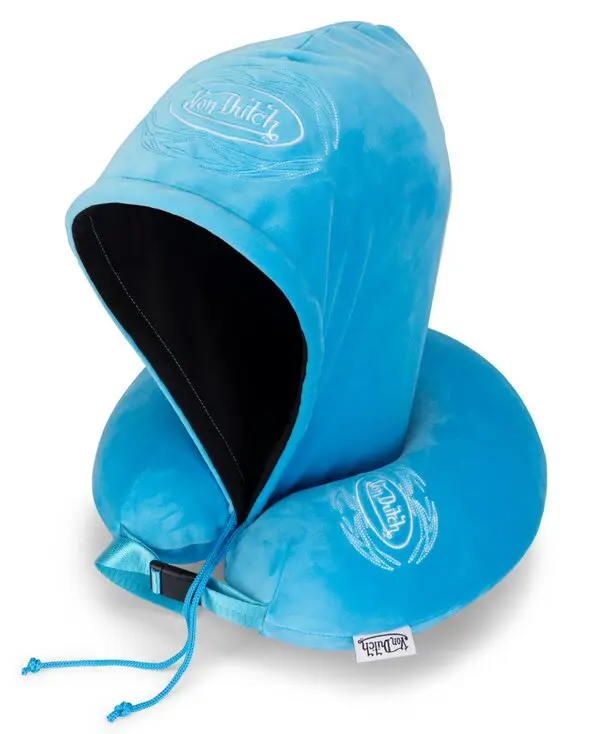 VON DUTCH Pinstripe Hooded Memory Foam 11" Travel Neck Pillow - Blue