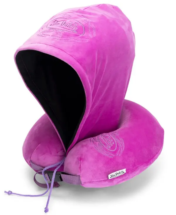 VON DUTCH Pinstripe Hooded Memory Foam 11" Travel Neck Pillow - Purple