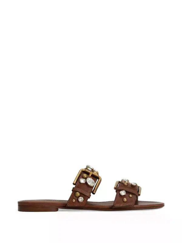 Dolce & Gabbana Embellished Leather Flat Slides - Brown