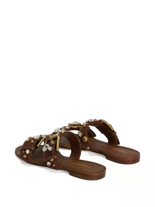 Dolce & Gabbana Embellished Leather Flat Slides - Brown