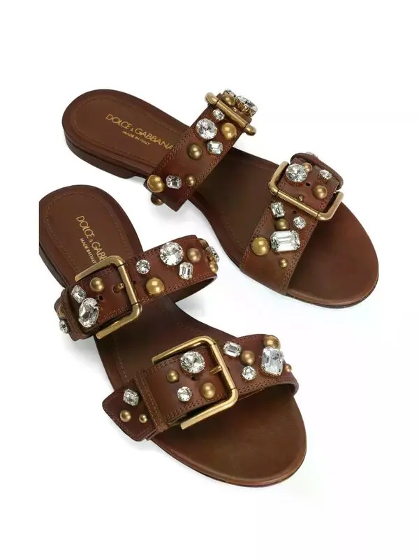 Dolce & Gabbana Embellished Leather Flat Slides - Brown