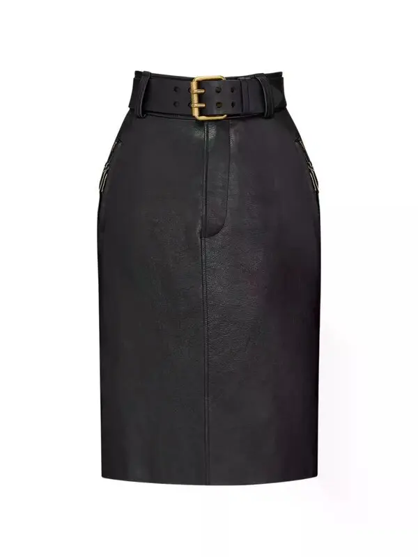 Saint Laurent Belted Leather Pencil Midi Skirt - Black
