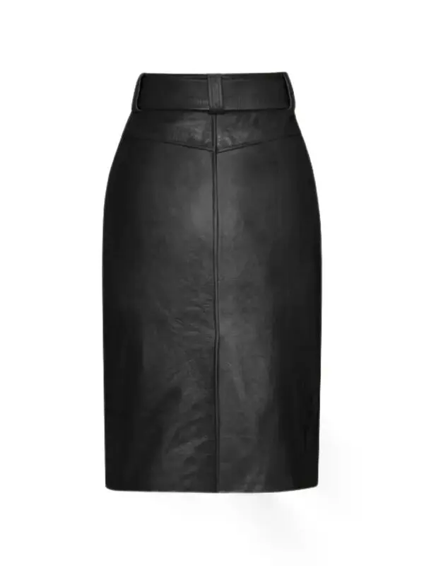 Saint Laurent Belted Leather Pencil Midi Skirt - Black