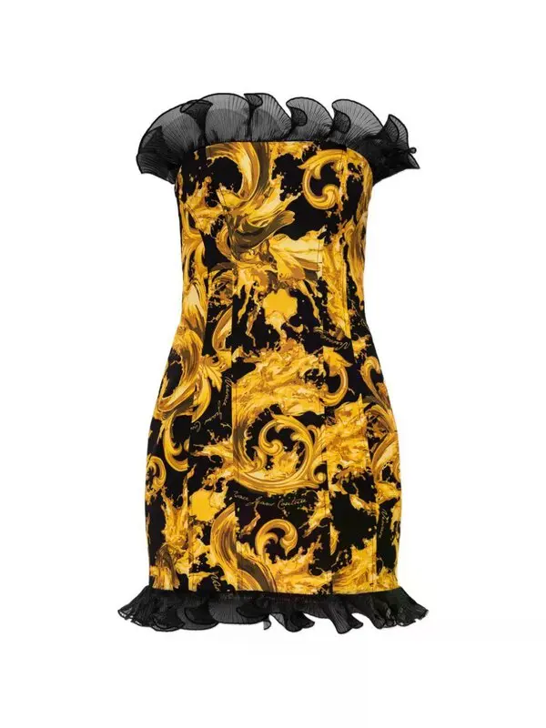 Versace Off-shoulder Ruffled-details Baroque-print Mini Dress - Gold