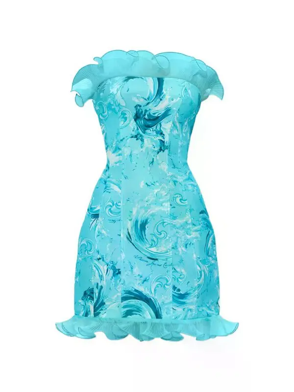 Versace Off-shoulder Patterned Mini Dress - Blue