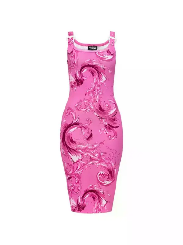Versace Chromo Couture-print Buckle-straps Midi Cotton Dress - Pink
