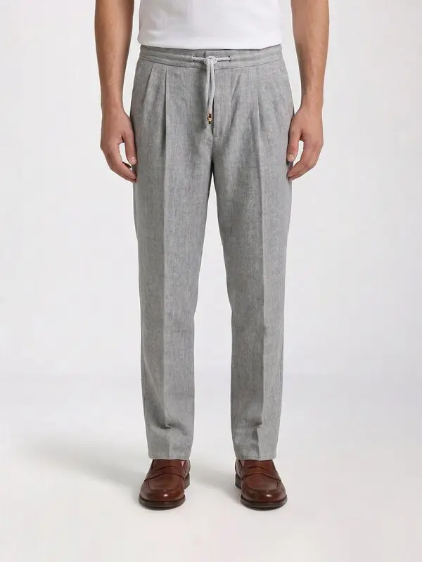 Brunello Cucinelli Drawstring Trousers In Linen And Virgin Wool - Grey