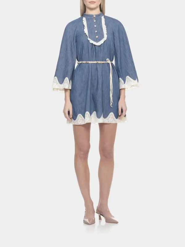 Zimmermann Cotton Kaftan Mini Dress With Lace Trim - Blue