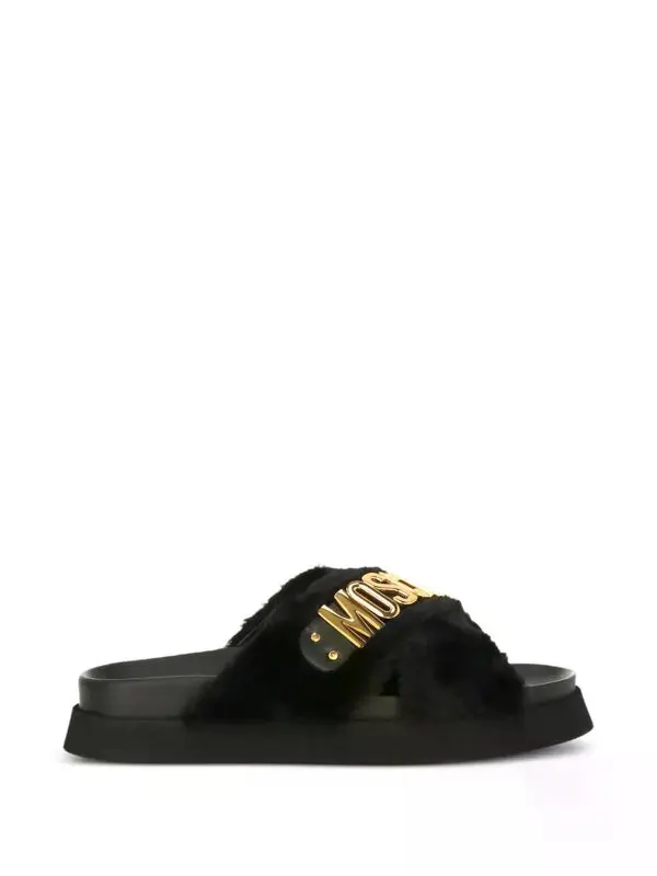 Moschino Logo Faux-fur Sandals - Black