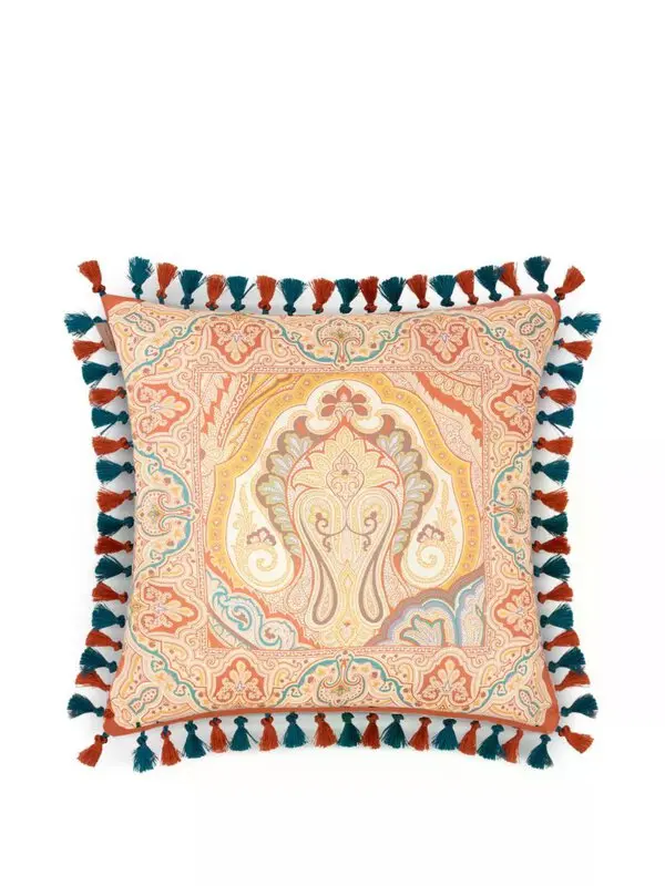 Etro Placed Print Tassels Cushion - Orange