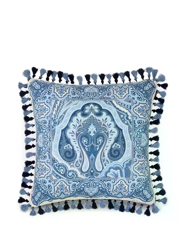 Etro Tassels Print Cotton Cushion - Blue
