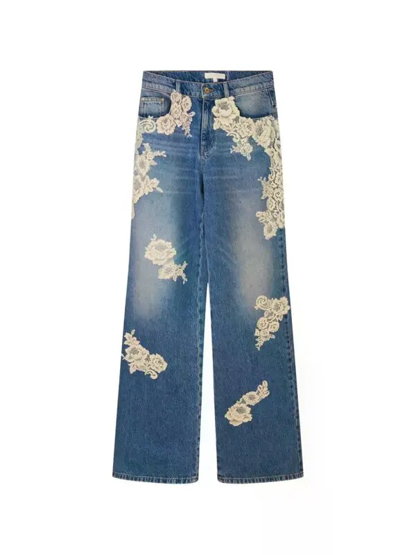 LoveShackFancy Lace Appliqué Floral Wide Leg Jeans - Blue