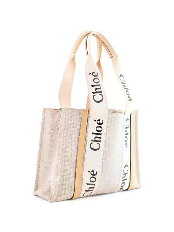 Chloé Woody Canvas And Leather Medium Tote Bag - Neutrals
