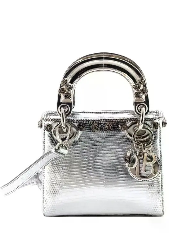 Dior Lady Bag Lizard With Metal Applique Mini Satchel - Silver
