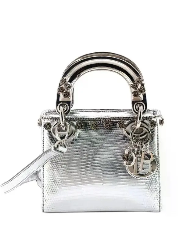 Dior Lady Bag Lizard With Metal Applique Mini Satchel - Silver