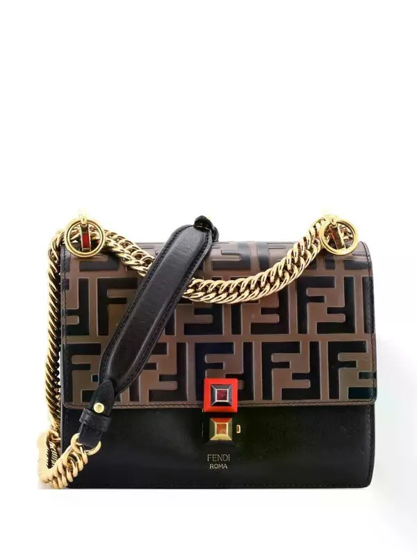 Fendi Kan I Embossed Zucca Leather Shoulder Bag - Black