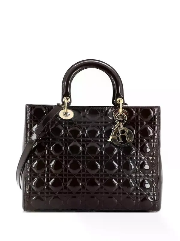 Dior Vintage Lady Bag Cannage Quilt Patent Large Satchel - Brown