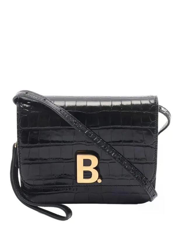 Balenciaga 2010-2026 Small Crocodile Embossed Leather B. Dot Flap Crossbody Bag - Black