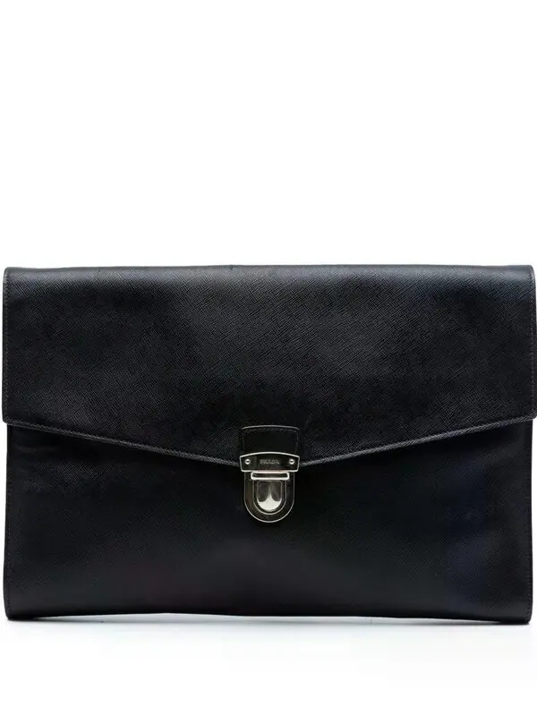 Prada 2013-2026 Large Saffiano Envelope Pushlock Clutch Bag - Black