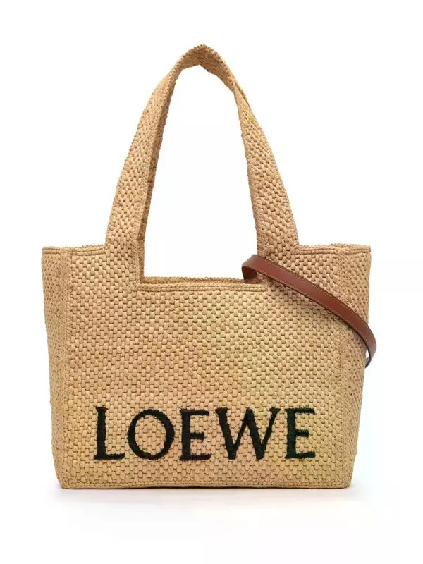 Loewe 2023 Medium Raffia Font Tote Satchel - Neutrals