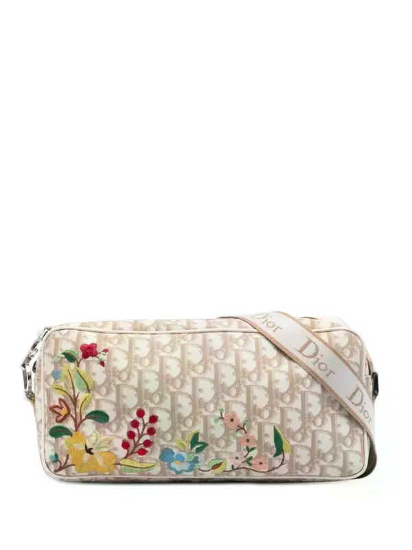 Dior 2005 Oblique Coated Canvas Floral Embroidered Crossbody Bag - Neutrals