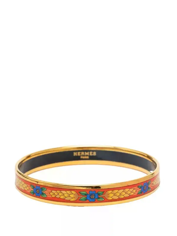 Hermès 1990-2000 Narrow Floral And Wheat Enamel Bangle 62 Costume Bracelet - Red