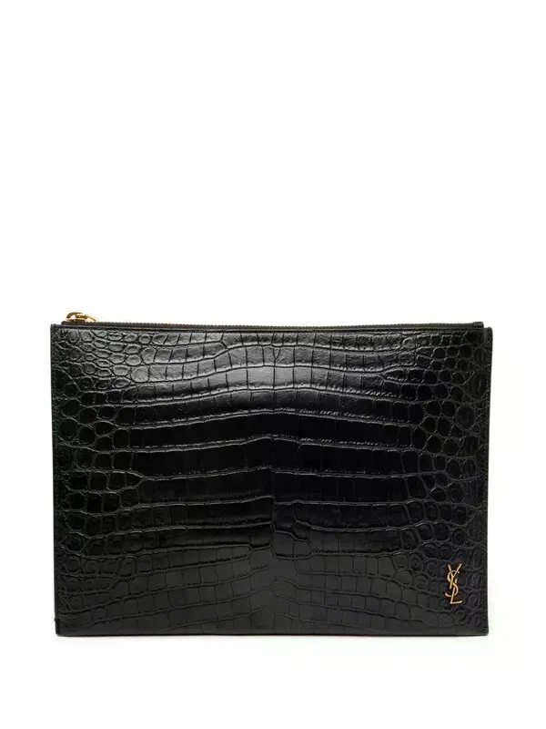 Saint Laurent 2019 Croc Embossed Leather Tiny Monogram Zipped Tablet Holder Clutch Bag - Black