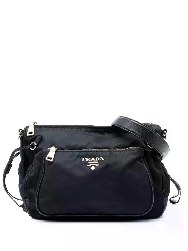 Prada Saffiano Trimmed Tessuto Zip Top Shoulder Bag - Black