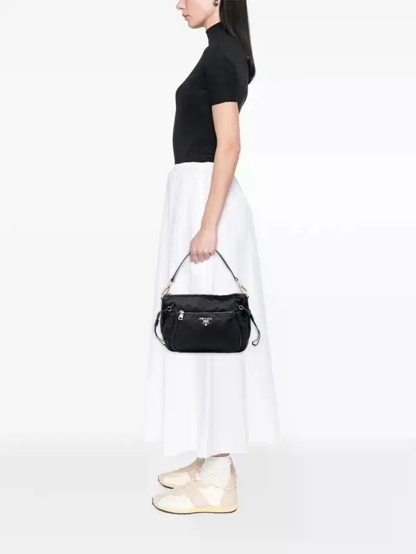 Prada Saffiano Trimmed Tessuto Zip Top Shoulder Bag - Black