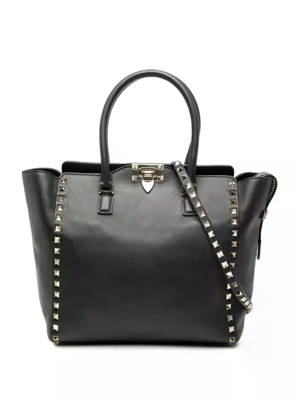 Valentino Garavani Leather Rockstud Double Handle Tote Satchel - Black