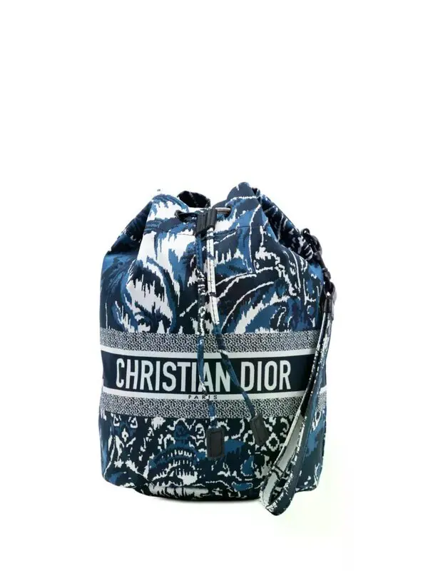 Dior 2021 Technical Fabric Embroidered Palm Tree Toile De Jouy Diortravel Drawstring Pouch Vanity Bag - Blue