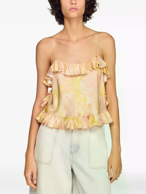 Sandro Ruffled Floral Print Cropped Top - Pink
