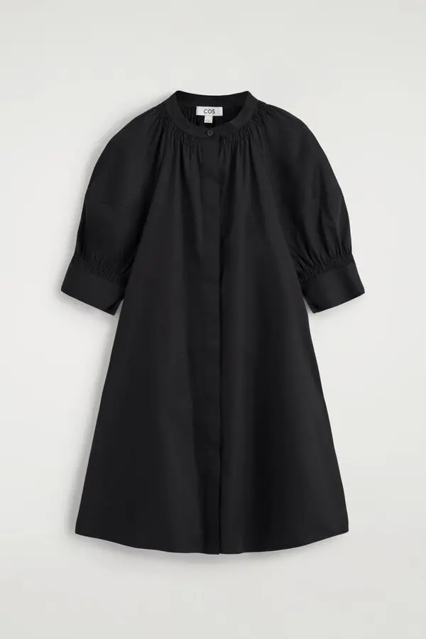 Cos Smocked Puff-sleeve Shirt Dress - Black