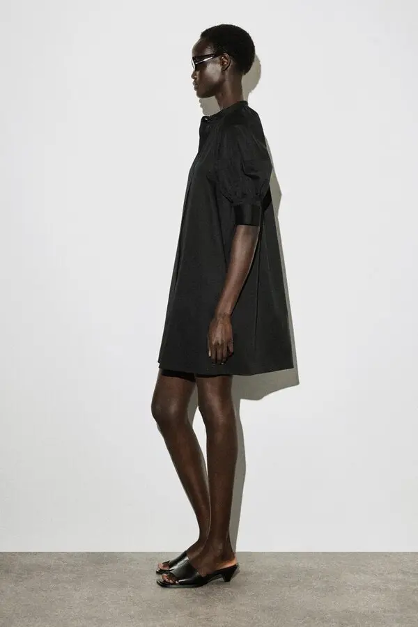 Cos Smocked Puff-sleeve Shirt Dress - Black