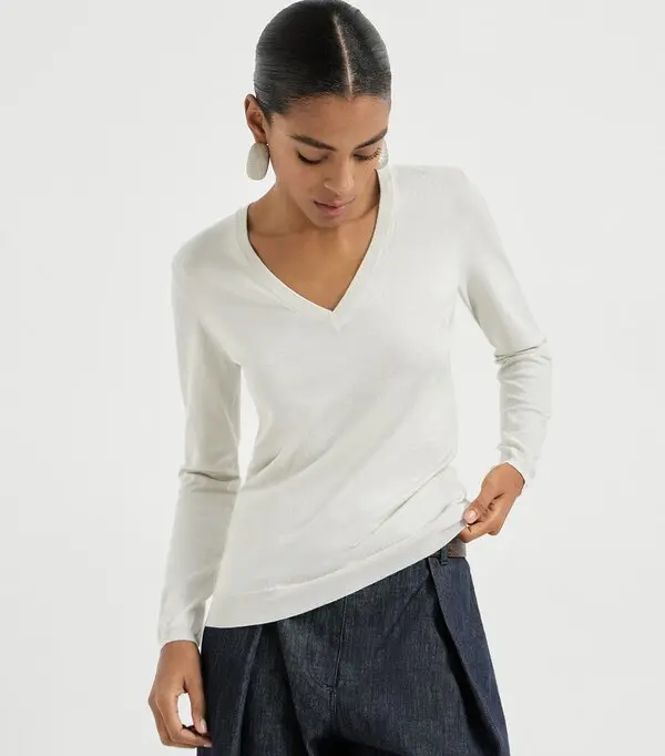 Brunello Cucinelli Cashmere-silk-blend V-neck Sweater - White