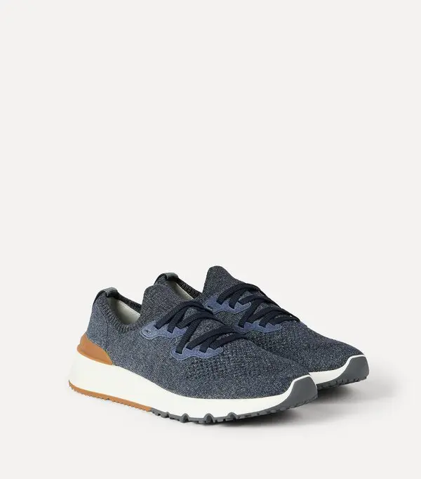 Brunello Cucinelli Cotton-blend Chiné-knit Lace-up Sneakers - Blue
