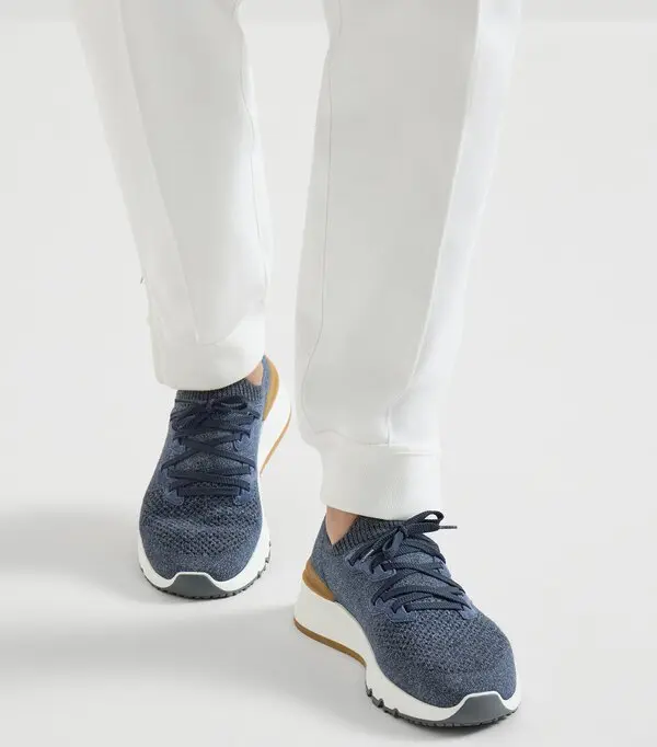 Brunello Cucinelli Cotton-blend Chiné-knit Lace-up Sneakers - Blue