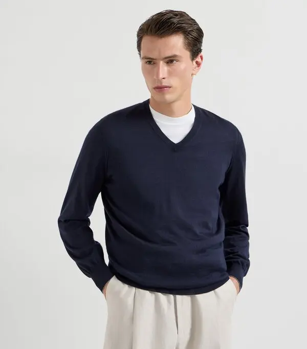 Brunello Cucinelli Cashmere-silk V-neck Sweater - Blue
