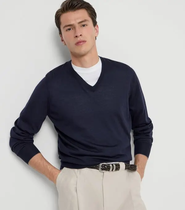 Brunello Cucinelli Cashmere-silk V-neck Sweater - Blue
