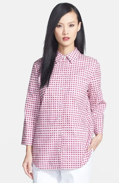 Lafayette 148 New York Gingham Stretch Cotton Blouse - Wildflower Multi
